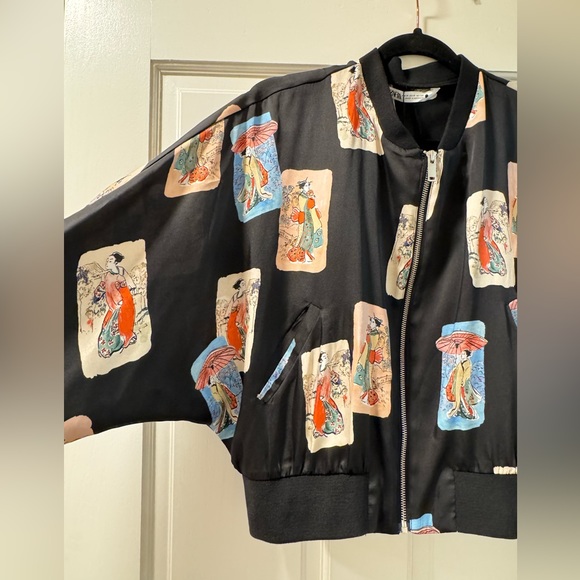 Jackets & Coats | Zara Silky Bomber Jacket Asian Inspired Graphics ...